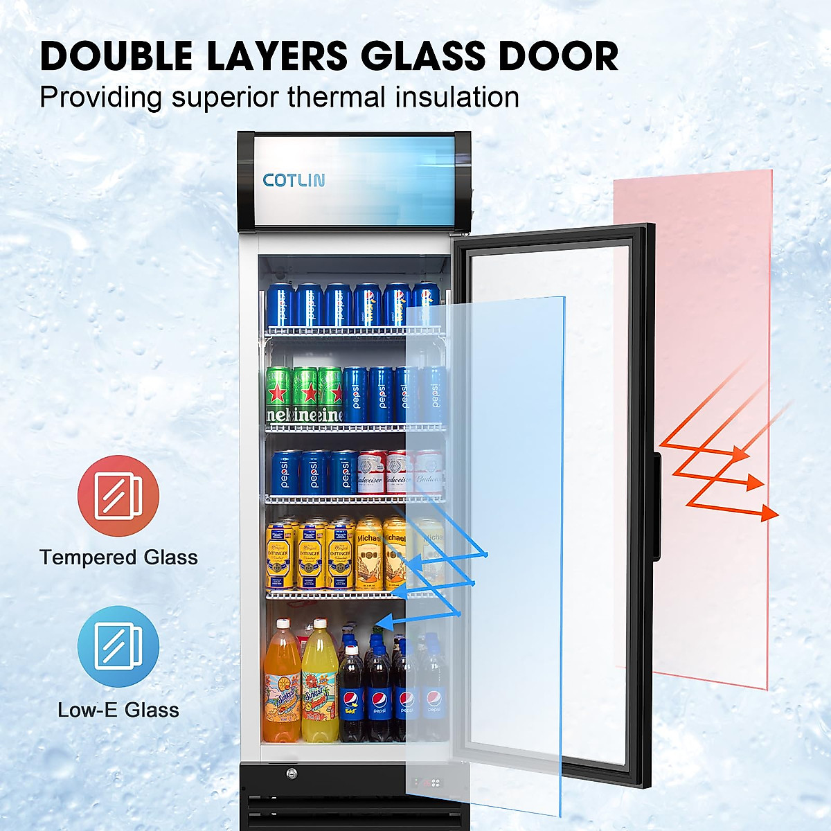 COTLIN Glass Door Merchandiser Refrigerator with LED Lighting, 12.5 cu.ft Commercial Beverage Cooler, Dual-Layer Glass Extra Adjustable Shelves and Drink Organizers, ETL NSF Approved