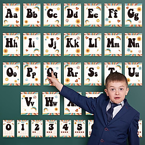 36Pcs Retro Classroom Alphabet Number Bulletin Board Set, Groovy ABC Alphabet Card and 0-9 Number Posters Decor with Glue Point for Preschool Kindergarten Classroom and Teachers Wall Decorations
