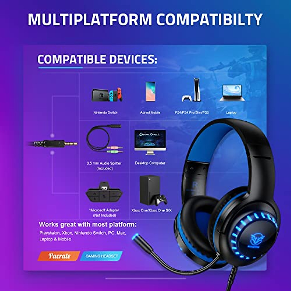 Pacrate Gaming Headset with Microphone for PC Mac PS4 Headset PS5 Headset Switch Xbox One Headset with Mic & LED Lights Noise Cancelling Headphones with Microphone for Kids Adults