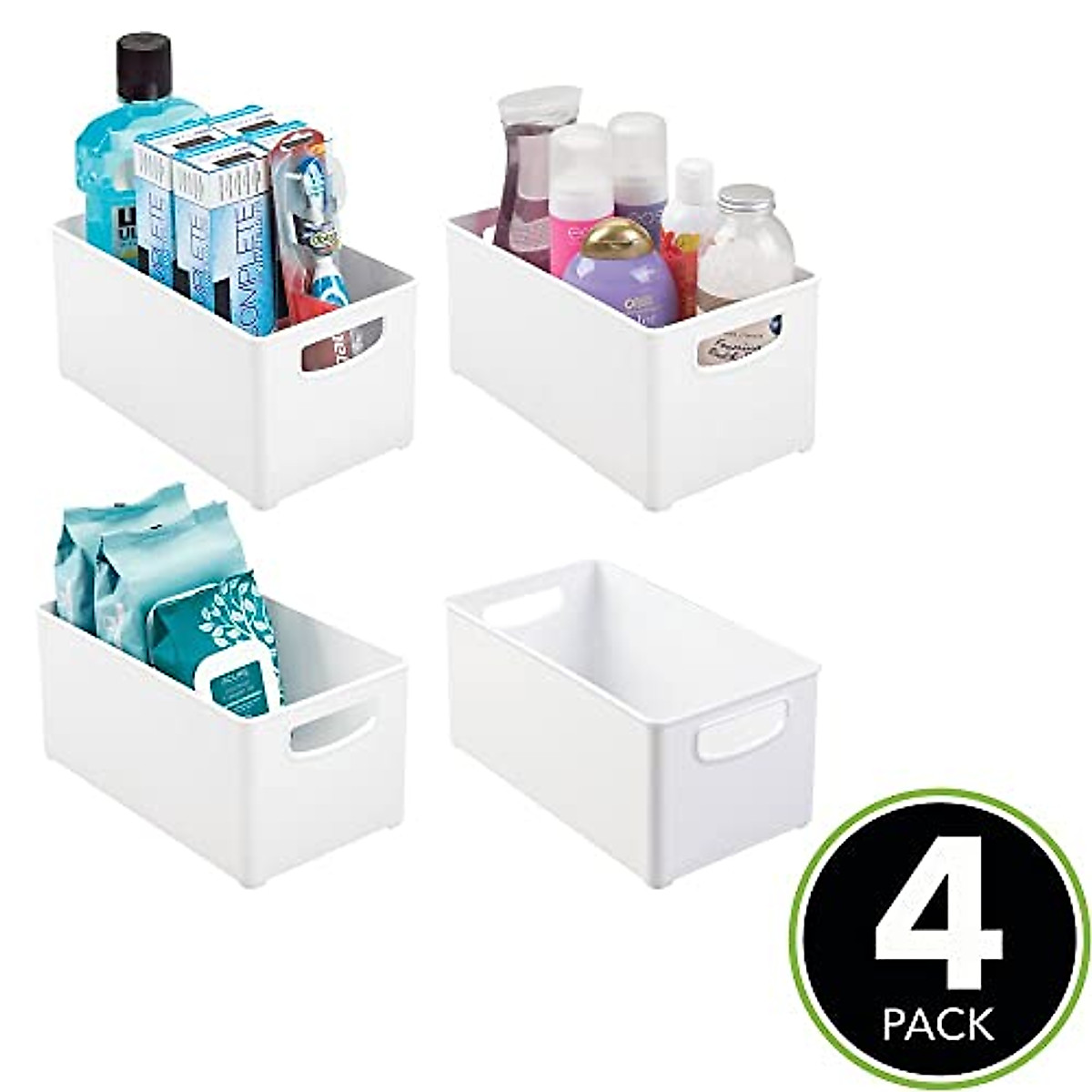 mDesign Plastic Storage Organizer Wide Container Bin with Handles for Bathroom, Home Organization - Holds Vitamins, Supplements, Makeup, Styling Tools - Ligne Collection - 4 Pack - White