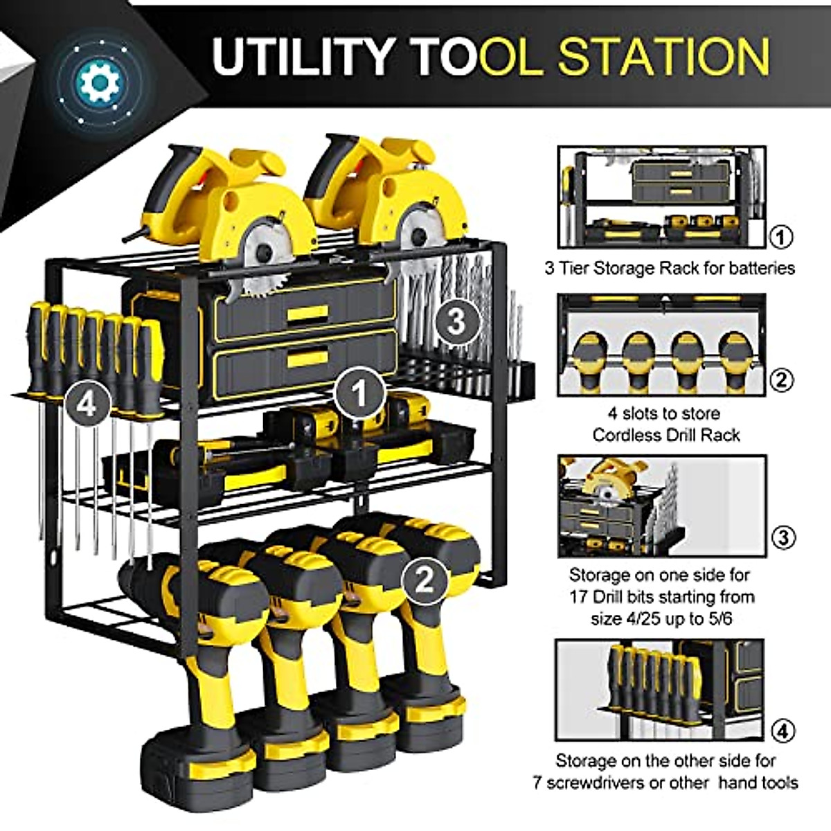 EAXCK Power Tool Organizer, Garage Tool Storage, Drill Holder Wall Mount, Heavy Duty Metal Tool Shelf Cordless Drill Workshop Rack 4 Layers with Screwdriver Holder, Father's Gift
