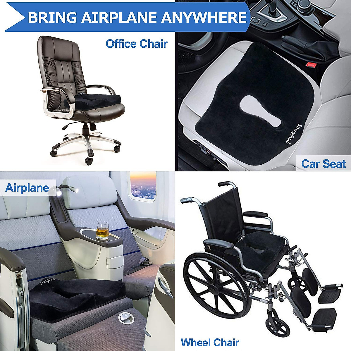 SnugPad Premium Memory Foam Seat Cushion, for Sciatica Tailbone Back Pain Relief, Posture Correction. Orthopedic Sitting Pillows for Office Chair, Car, Truck, Kitchen, Wheelchair with Non-Slip Bottom