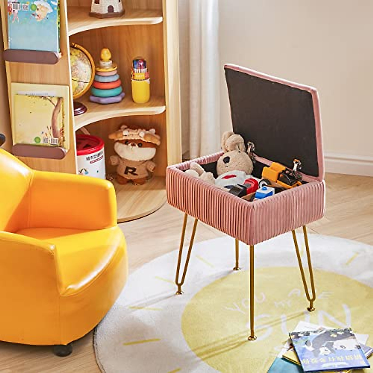YMYNY Vanity Stool Chair with Storage, Square Velvet Ottoman Foot Stool, Modern Multifunctional Makeup Stool for Bedroom, Living Room, Office, Gold Legs, 18.9 * 15.75 * 11.6", Pink, UHBD024P