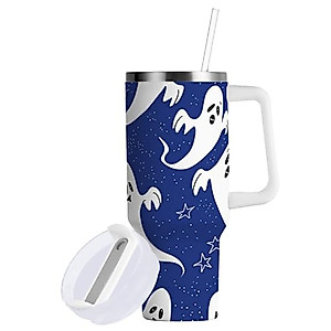 RPLIFE Whimsical Ghosts Deep Blue Stainless Steel Mug, Insulated Water Bottle with Straw, Tumblers for Women