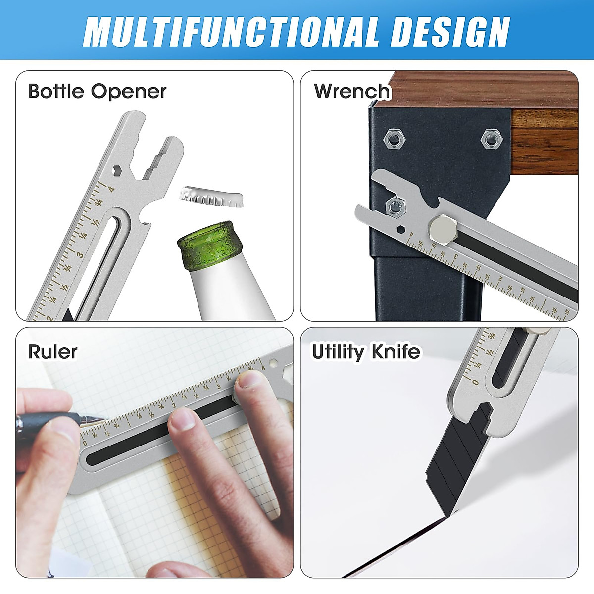 Tomorotec 4-In-1 Multifunctional Utility Knife, Stainless Steel Box Cutter Retractable w/ 10 SK5 Replacement Blades, Mutipurpose for Knife, Ruler, Bottle Opener, Wrench, Heavy-Duty for Office Home Use