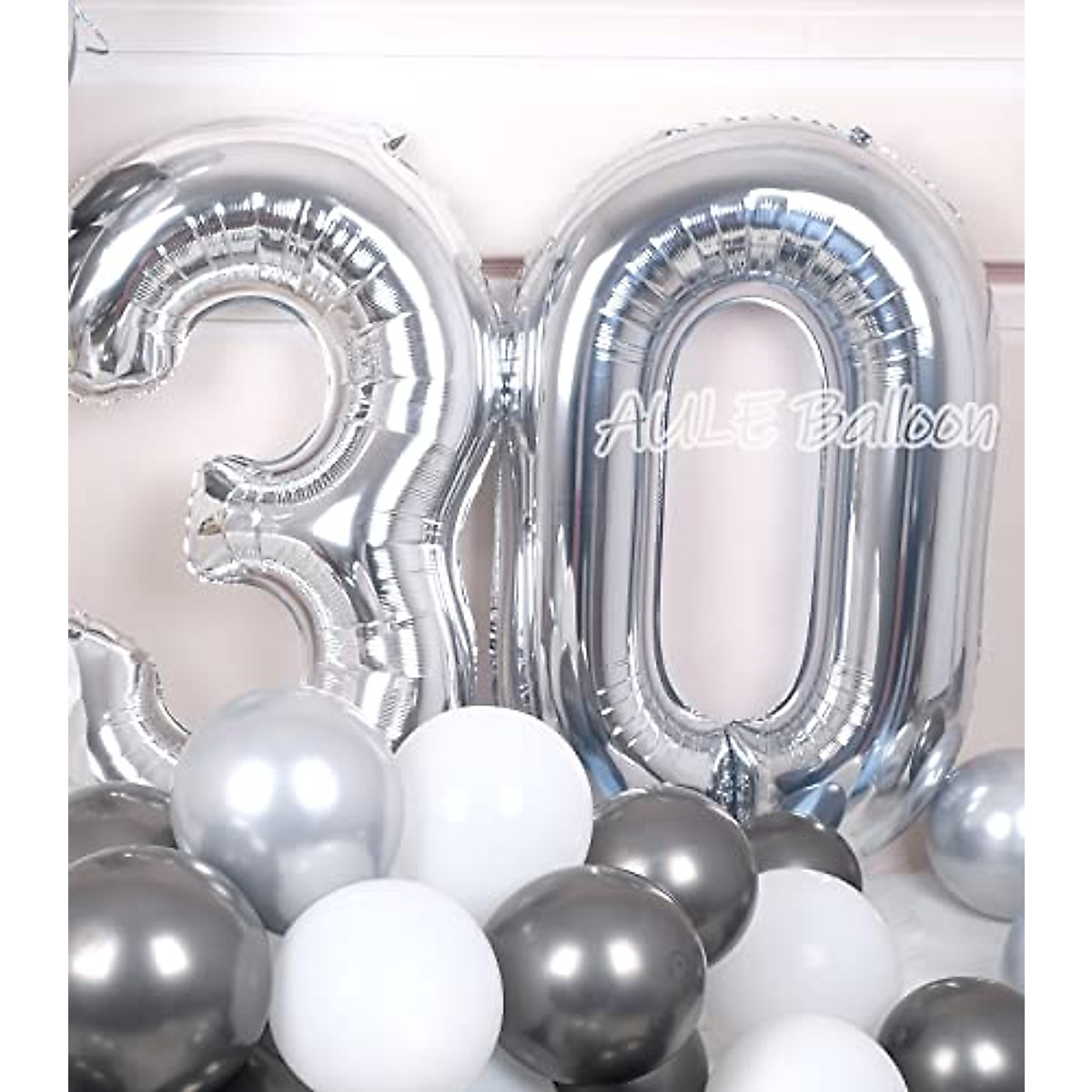 AULE 40 Inch Jumbo Silver Foil Mylar Number Balloons for Men Women 30th Birthday Party Decorations 30 Years Old Anniversary Party Supplies