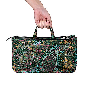 BTSKY Printing Handbag Organizers Inside Purse Insert - High Capacity 13 Pockets Bag Tote Organizer with Handle (Green Lotus)