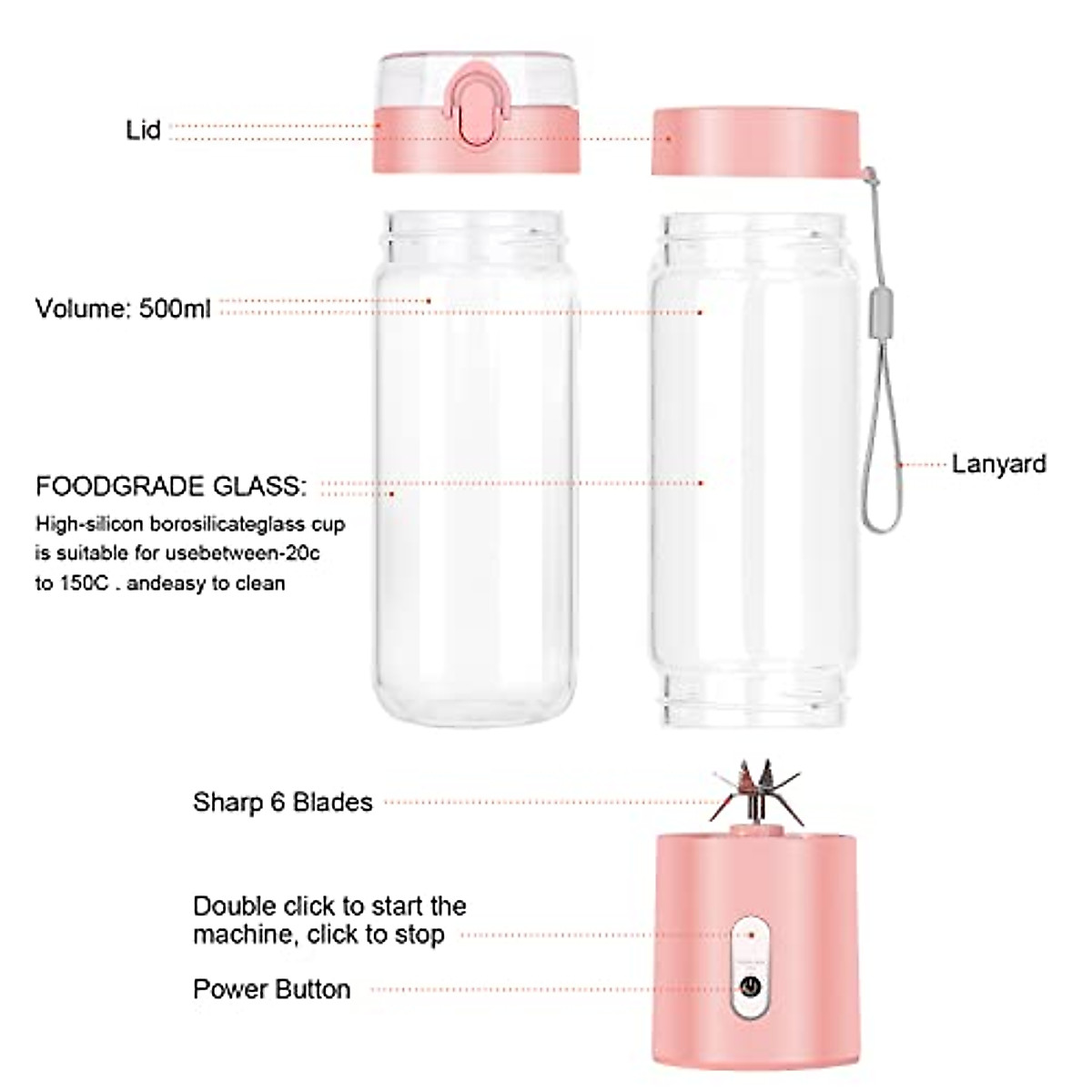 Portable Blender, Blender for Shakes and Smoothies, Personal Blender, battery operated blender, 500ml double cups with Interchangeable Lids with 6 Blades for Kitchen Breakfast ,Traveling, Outdoor, Gym, Office