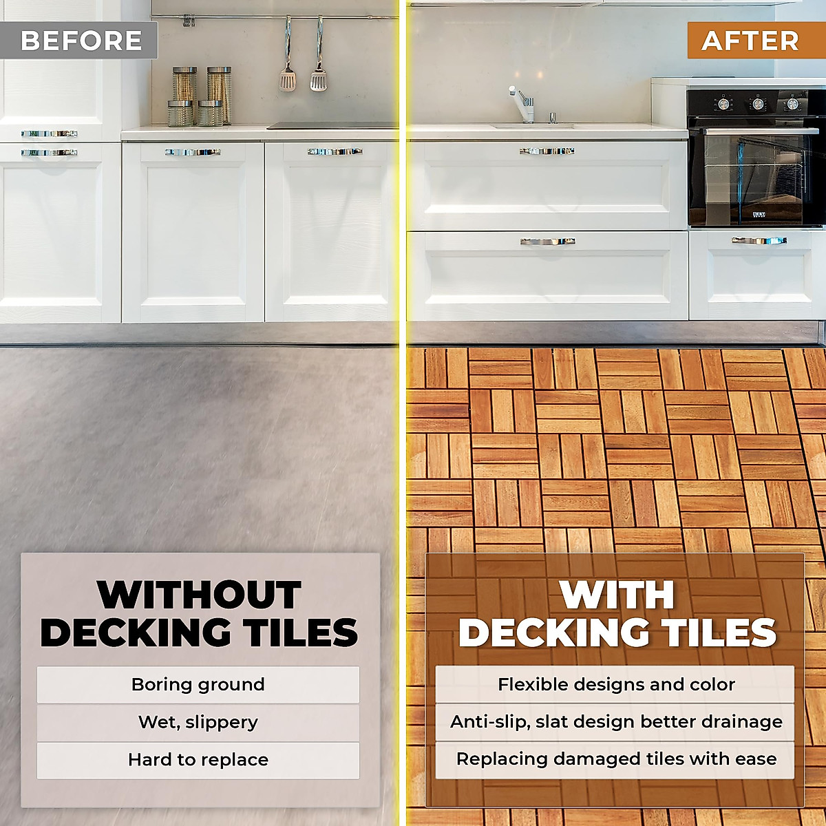 Acacia Deck Tiles (Pack of 10) - Hardwood Interlocking Patio Tiles, Outdoor Waterproof All Weather