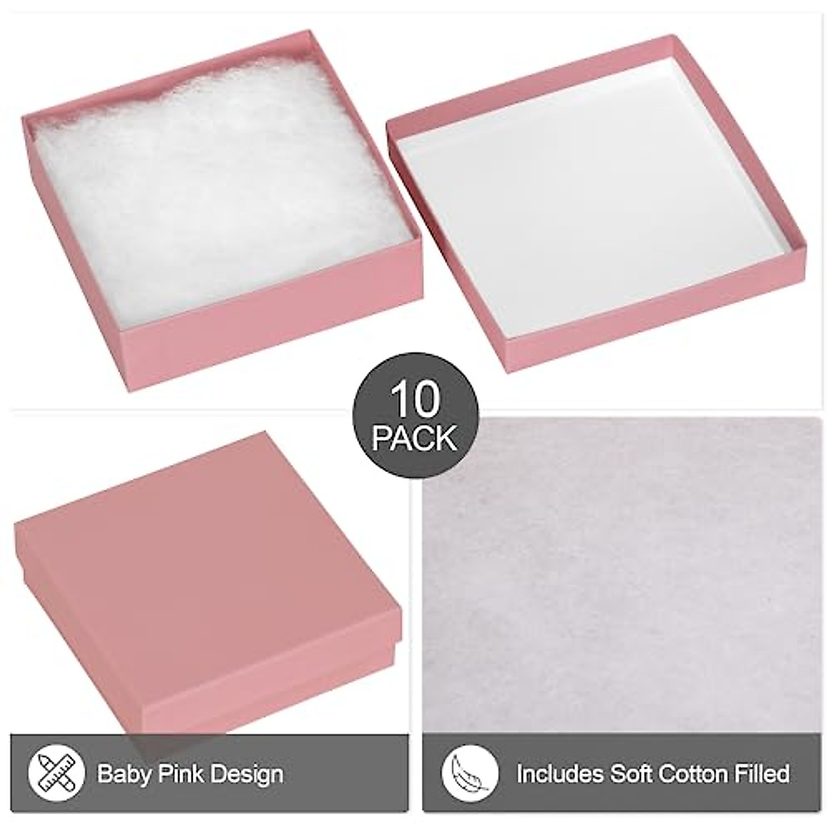 Cardboard Jewelry Boxes 10 Pack - 3.5"x3.5"x1" Bulk Cotton Filled Small Gift Boxes with Lids for Jewelry Packaging (Baby Pink)