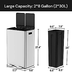 SunsGrove Kitchen Trash Can 16 Gallon, Dual Garbage Bin Recycle Combo, in-Home Recycling Bin with Dual Compartments, Slim Stainless Steel, 60L Trash Bin for Kitchen/Office, Silver