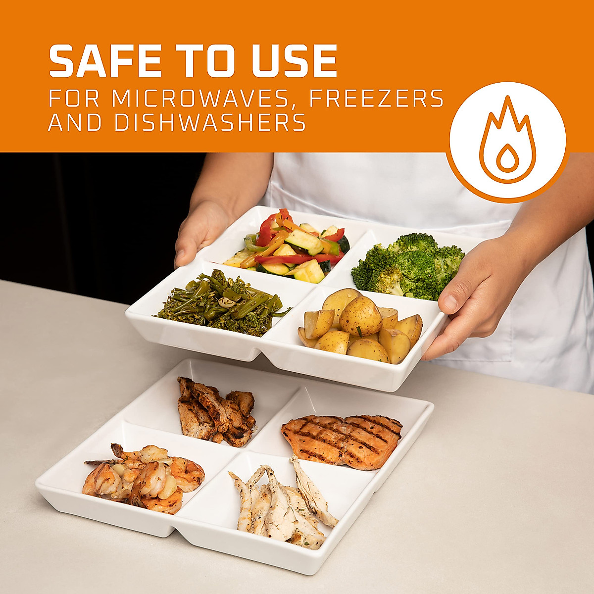 Bruntmor Christmas Snacks Dinner Serving Tray Dish in White |10 x 10 inch Set Of 2 Decorative Ceramic Appetizer 4 -Compartment Serving Platter Tray | Christmas Platter | Chafing Dish | Serving Dishes