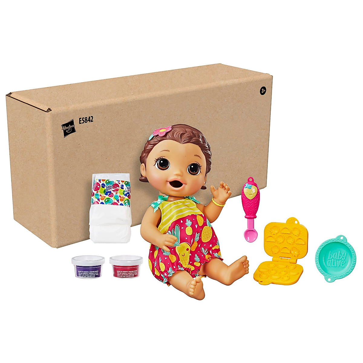 Baby Alive Super Snacks Snackin’ Lily Baby: Brunette Hair Baby Doll That Eats, with Reusable Doll Food, Spoon and 3 Accessories, Perfect Doll for 3 Year Old Girls and Boys and Up