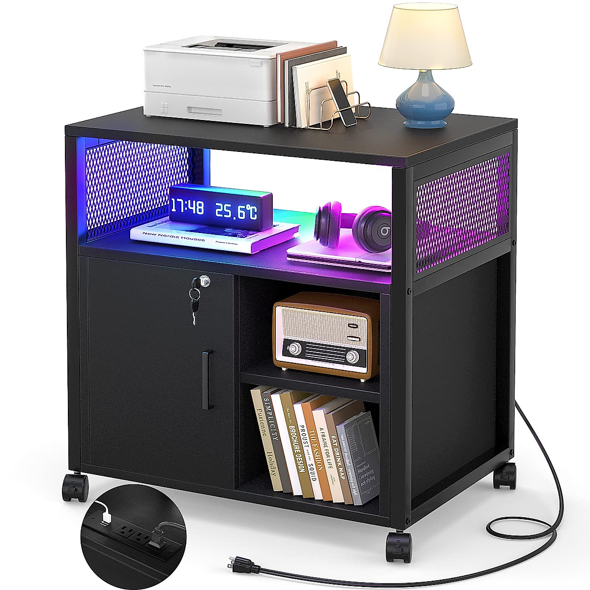 Unikito File Cabinet with LED Lights, Lateral Filing Cabinet with Power Outlets and USB Charging Ports, Mobile Printer Stand with Storage, Office Cabinet for Letter, A4, Legal and File Folders, Black