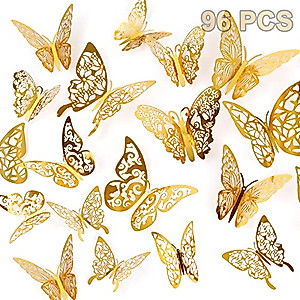 3D Butterfly Wall Decor 96 Pcs 5 Styles 3 Sizes, Tinabless Gold Butterfly Decorations Butterfly Birthday Decorations Butterfly Party Decorations Cake Decorations, Gold Room Decor for Kids Nursery Classroom Wedding Decor (Gold)