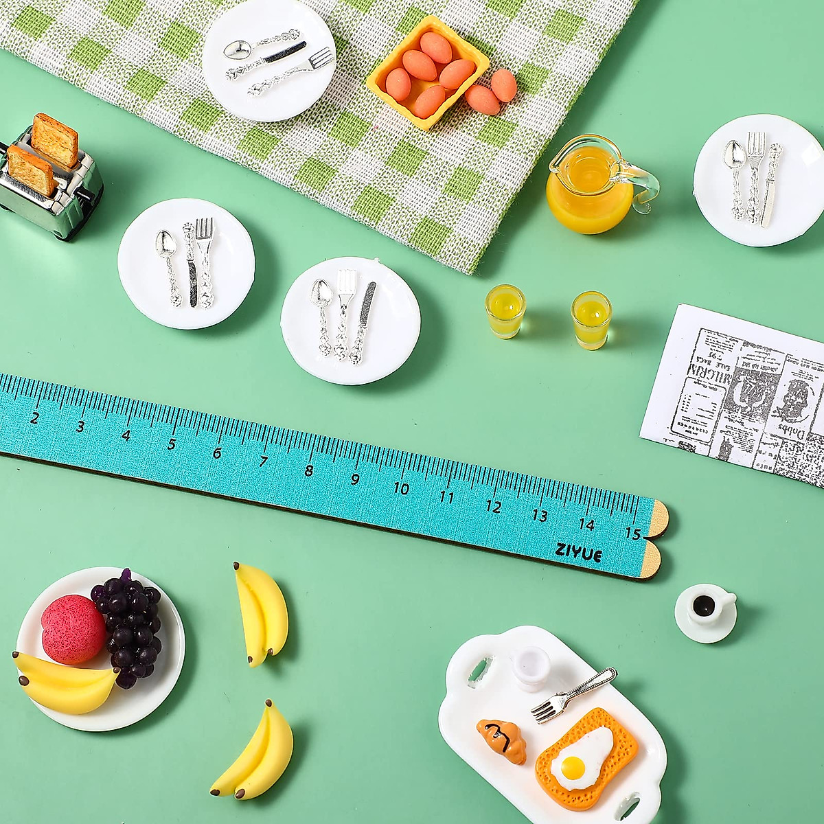 44 Pieces 1:12 Dollhouse Miniature Breakfast Kitchen Accessories Mini Toast Machine Bread Juice Milk Eggs Cups Fruits Plates Knife Fork Spoons for Dollhouse Kitchen Scene and Cake Topper Decor