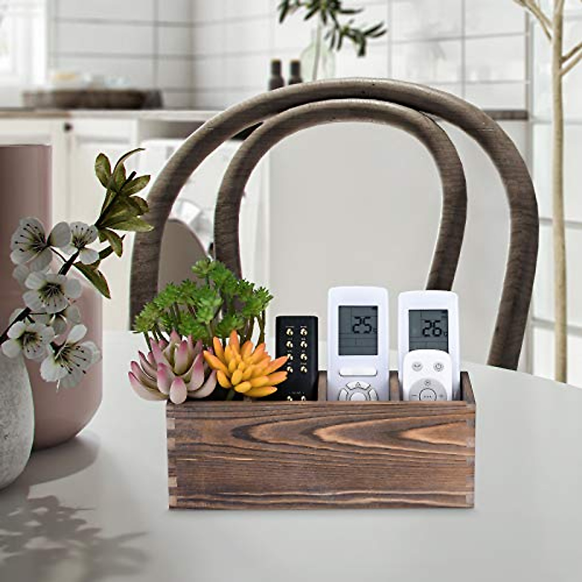 WuGeShop Wood Remote Control Holder 4 Compartments, Rustic Wooden Table TV Remote Caddy, Multi-use Desktop Remote Storage Organizers for Controller, Pencils, Pens, Phones