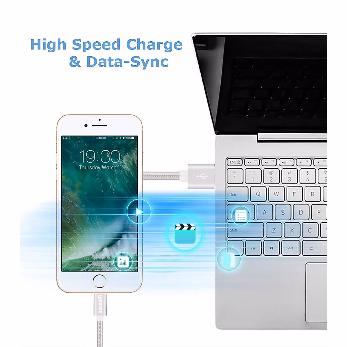 COSOOS 4 Short USB Cable, 4 Pack 9 Inch Nylon Fast Charging and Syncing Cords Compatible for iPhone 12, 12 Pro Max, 11, XS MAX, 8 Plus, 7, 6, iPad Air, Mini, Charging Station, Power Bank.