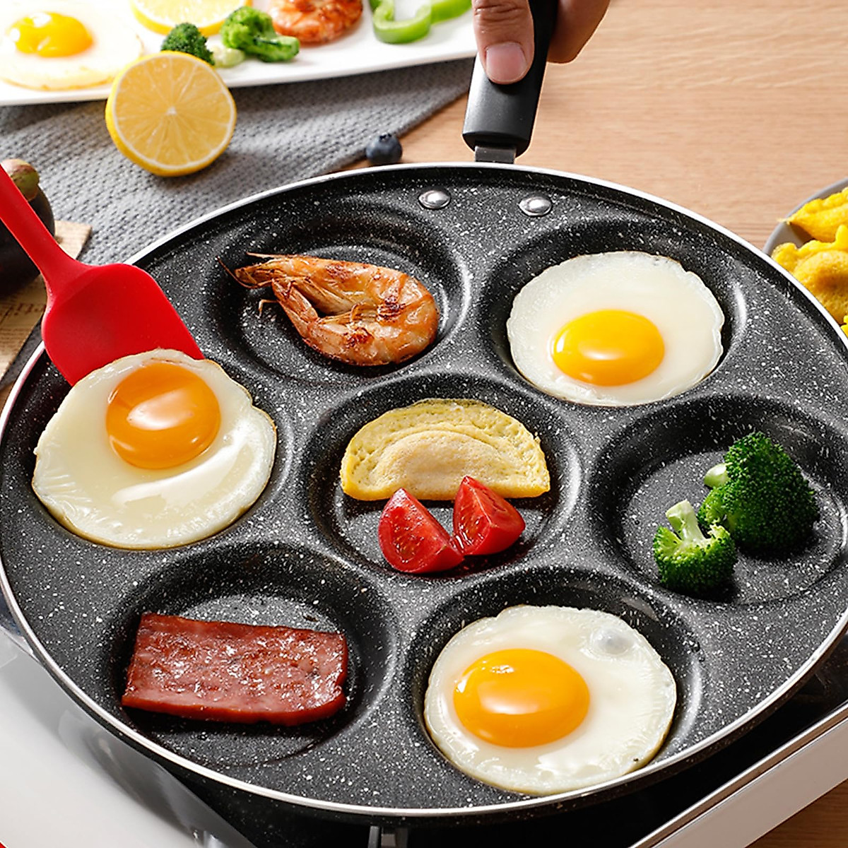 YCWF 7 Holes Egg Frying Pan, Mini Pancake Maker,Aluminum Non Stick Fried Eggs Cooking Pan Burger Mold Kitchen Cookware Household Tool for Home Breakfast