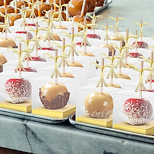 50 Sets 4 x 4 x 4 Inches Clear Candy Apple Boxes with Hole, Base, Sticks and Ribbons Transparent Candy Apple Boxes PET Caramel Apple Box Plastic Gift Boxes for Chocolate Apples Party Supplies (Gold)
