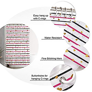BestLives Valentines Shower Curtain Sets with Rugs Stripe Gold Love Hear Soft Toilet Lid Cover for Bathroom Classic Black Pink Stripe 4 Pcs Bathroom Sets with Bath Mat and 12 Hooks