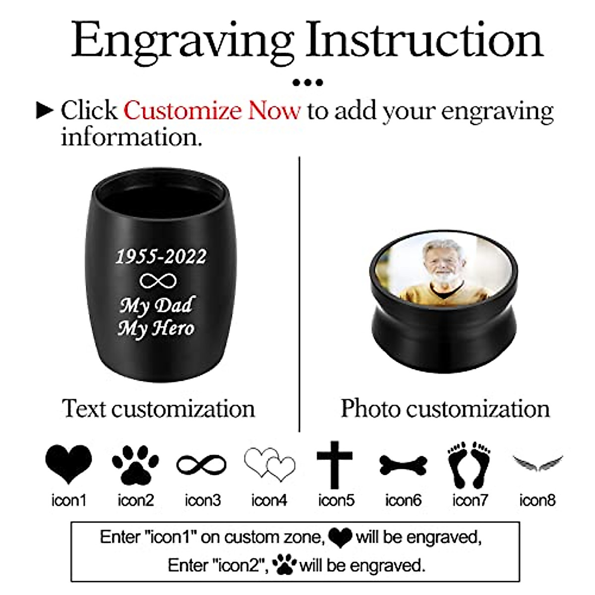 Photo Custom Small Urns for Human Ashes Mini Cremation Urns for Ashes Aluminium Picture Ashes Holder-Black