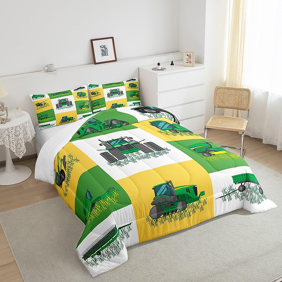 Boys Cartoon Truck Car Down Comforter Twin Size Kids Construction Vehicles Tractor Comforter Set for Kids Children Farm Excavator Bedding Set Construction Site Cars Duvet Set, Green Yellow