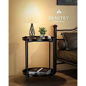 EKNITEY 2 Tier End Table - Metal Side Table Waterproof Small Sofa Coffee Side Tables Bedroom Indoor Outdoor with Removable Tray for Living Room Bedroom Balcony and Office (Black)