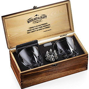Mixology Whiskey Stones Gift Set for Men - Pack of 2, 10 oz Glasses w/ 6 Stainless Steel Chilling Bullets, 2 Coasters, Tongs, Cocktail Cards & Box - Bourbon Gifts for Birthday, Wedding, or Anniversary