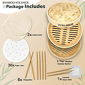 VYRL Bamboo Steamer 10 inch – 2 Tier Bamboo Dumpling Steamer, 4 Pairs Chopsticks, 1 Sauce Dish, 2 cotton and 30 paper liners – Ideal for Rice, Dim Sum, Veggies, Fish, Meat and Chinese Asian Cuisine