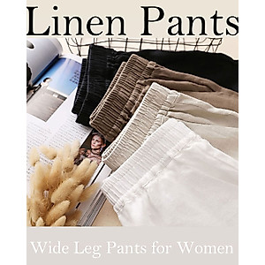 Aeneontrue Women's 100% Linen Wide Leg Pants Casual Loose High Waisted Flowy Palazzo Trousers with Pockets White XL