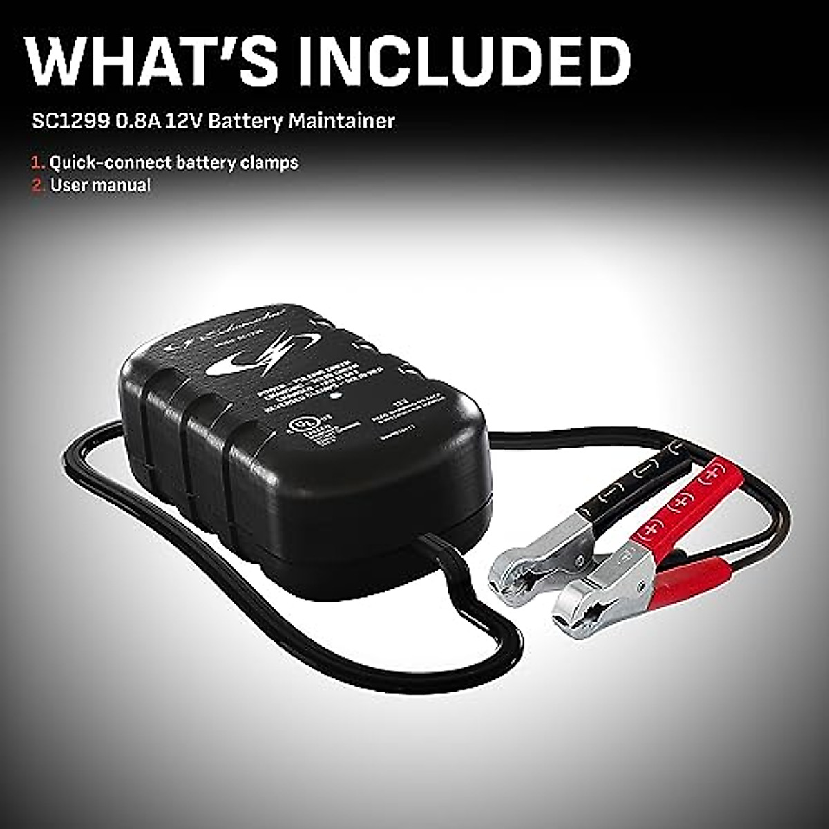 Schumacher Electric Battery Charger and Maintainer, SC1299, 2-in-1, Fully Automatic, 0.8 Amps, 12 Volt, for Motorcycle, Power Sport, Car, and Marine Batteries