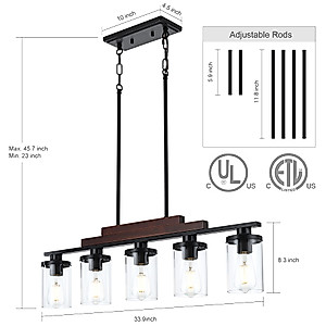 Dining Room Light Fixture/Chandelier Over Table,5-Light Kitchen Island Lighting Hanging for Farmhouse Linear Chandeliers Matte Black Rustic Wood Ceiling Pendant Light Fixtures with Clear Glass Shade