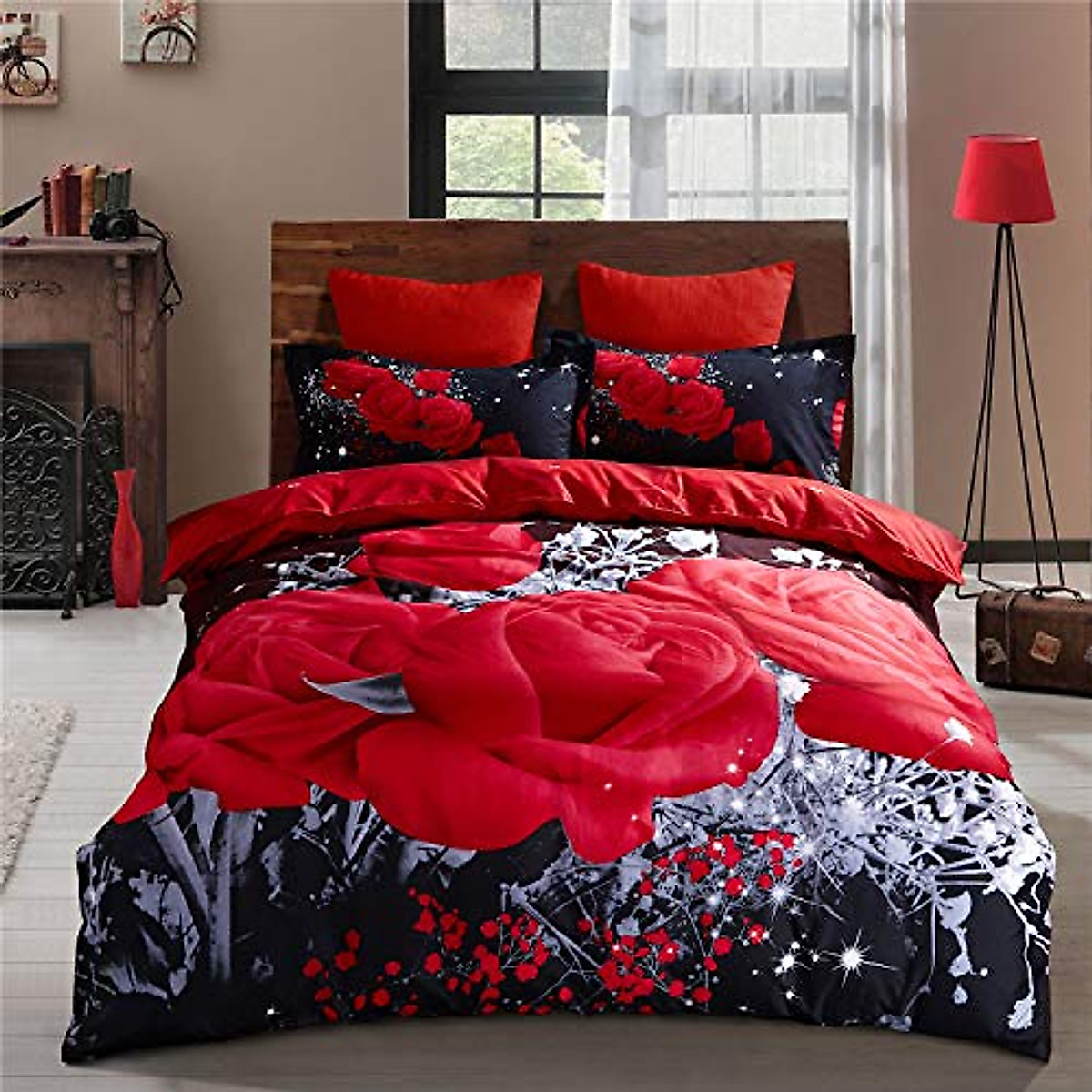 Labstandard Red Duvet Cover Set Queen, 3D Printed Rose Bedding Soft Comforter and Breathable Quilt Cover(1 Duvet Cover, 2 Pillowcases, Zipper Closure)