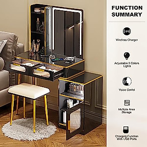 HNEBC Vanity Desk with Mirror and Lights,White Vanity Set with USB&Type-C&Wireless Charging,Makeup Vanity with Drawers/Stool, Voice Control Switch Vanity Makeup Desk for Bedroom&Dressing Room,Black