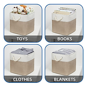 Temary 4 Pack Cube Storage Bins Cloth Baskets for Shelf, Fabric Storage Cubes 12 x 12 Baskets Gift Empty Baskets with Handles, Baskets for Storage (White&Khaki)