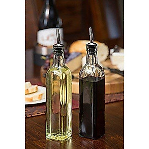 DLD Italian Glass Oil And Vinegar Cruet 16 Oz, Olive Oil Dispenser With Stainless Steel Spout, Slight Green Tint (SET OF 2, 16 oz)