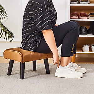 Cpintltr Small Foot Stool Ottoman Modern Accent Step Stool Seat with Solid Wood Legs Velvet Soft Padded Pouf Ottomans Sofa Footrest Stools 16 inch for Couch Living Room Bedroom Entryway Brown