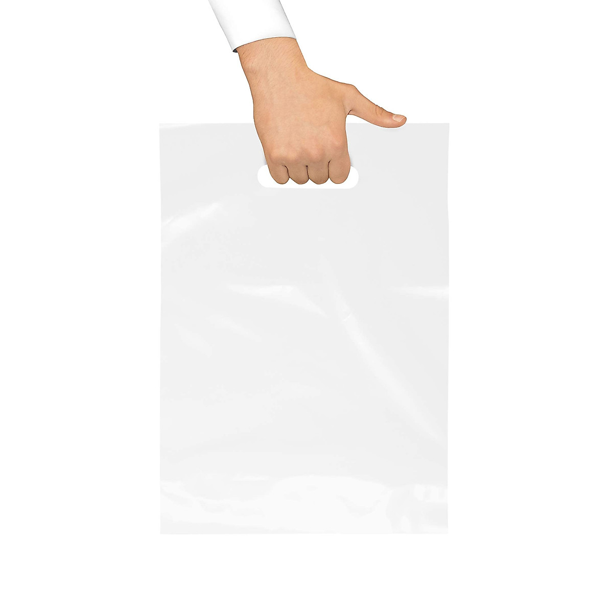 Clear Plastic Bag With Handles 12"x15" Clear Frosted Die Cut Plastic Bags With Handles 100 Pack for Merchandise, Retail, Gifts, Trade Show and More (12"x15")