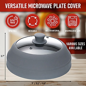 Collapsible Microwave Cover - Large 11.8" Tempered Glass & Silicone Lid, Heat Resistant, Splatter Guard with Easy-Grip Handle - Grey