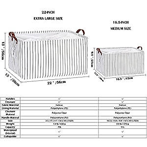Hinwo 70L Extra Large Capacity Storage Basket Canvas Storage Bin Collapsible Storage Box with PU Leather Handles and Drawstring Closure, 22 by 15 inches, Waterproof Inner Layer, Grey Vertical Stripe