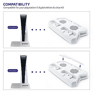Stand with Cooling Fan and Dual Controller Charger for PS5, KRX All-in-One Design Accessories for Playstation 5 Digital Edition & Dualsense, Console System Charging & Cooling Station for PS5