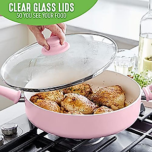 Greenlife Soft Grip Healthy Ceramic Nonstick, 5QT Saute Pan Jumbo Cooker with Helper Handle and Lid, PFAS-Free, Dishwasher Safe, Pink