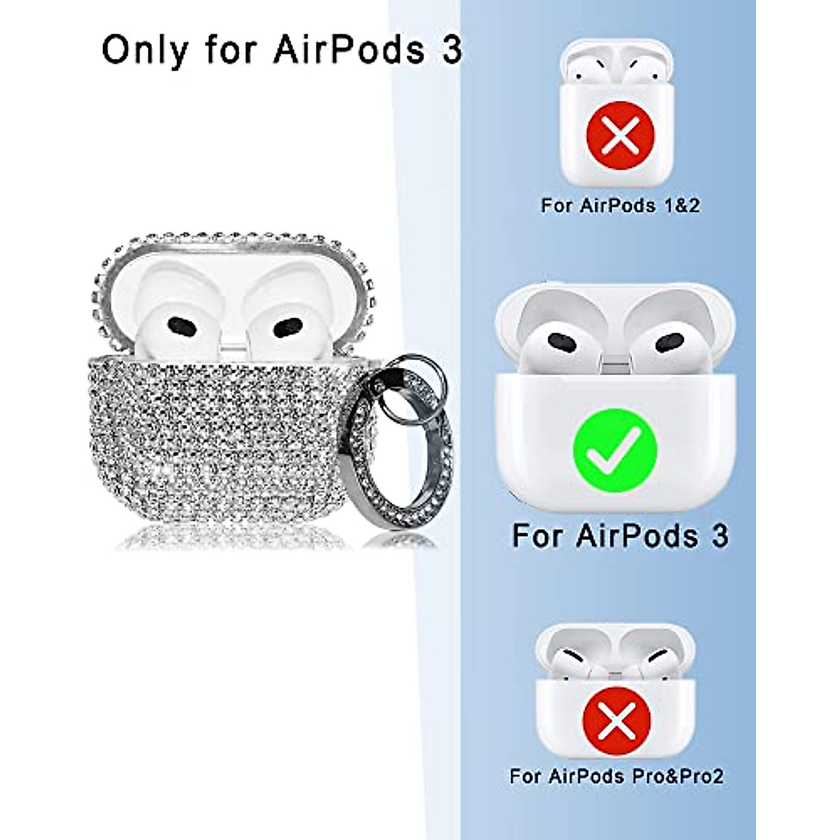 4in1 Bling Diamonds for AirPods 3 Case Cover Accessories Set Kit, Rhinestone PC for AirPods 3rd Generation Case for Women Girl w/ Cute Fur Ball Pompom Keychain/Crystal Bracelet/Lobster Clasp Keychain