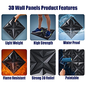 MIX3D Decorative 3D Wall Panels Star Textured PVC Wall Panels for Interior Wall Decor, 12''x12'' Black Pack of 33 Tiles Cover 32 Sq Ft