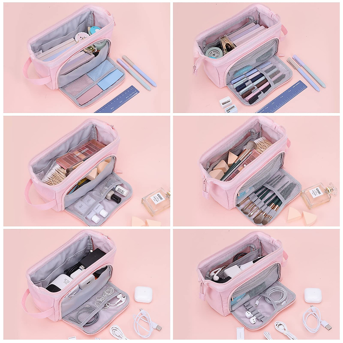 EOOUT Large Pencil Case, Big Capacity Pencil Bag with 3 Compartments, Can Hold 100 Pencils，Aesthetic School Supplies For Girls, Pink (Pink)