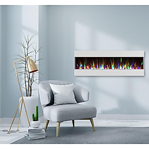 Cambridge 60" Recessed Wall Mounted Electric Fireplace with Realistic Multi-Color Flame & Crystal Rock Display, White Panel Wall Fireplace with Remote Control & Adjustable Heat, Modern Home Heating