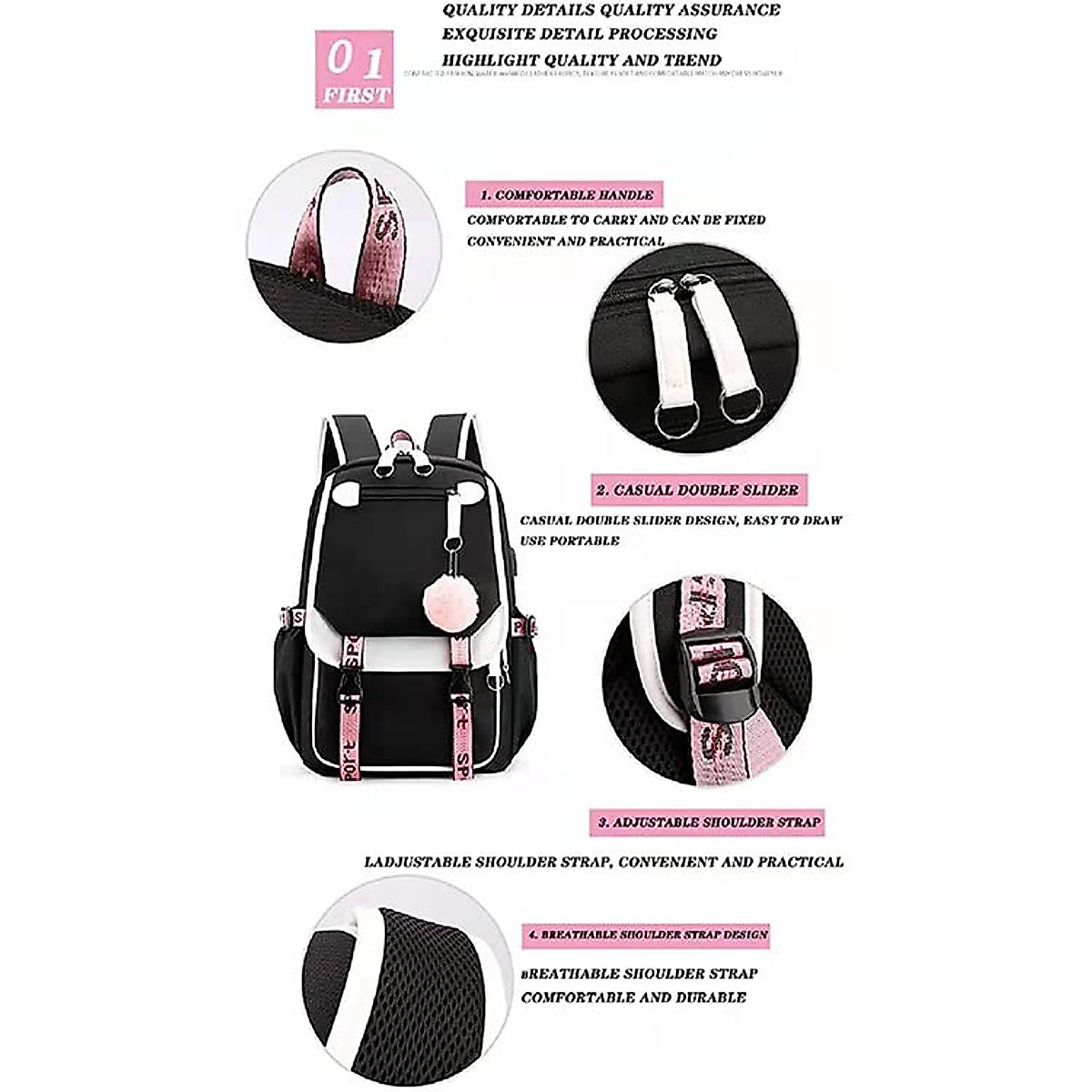 egen Kawaii Lightweight Schoolbag with USB Port USB Cable and Earphone Cord Set College Laptop Backpack Travel (Yellow Black,17 Inch)