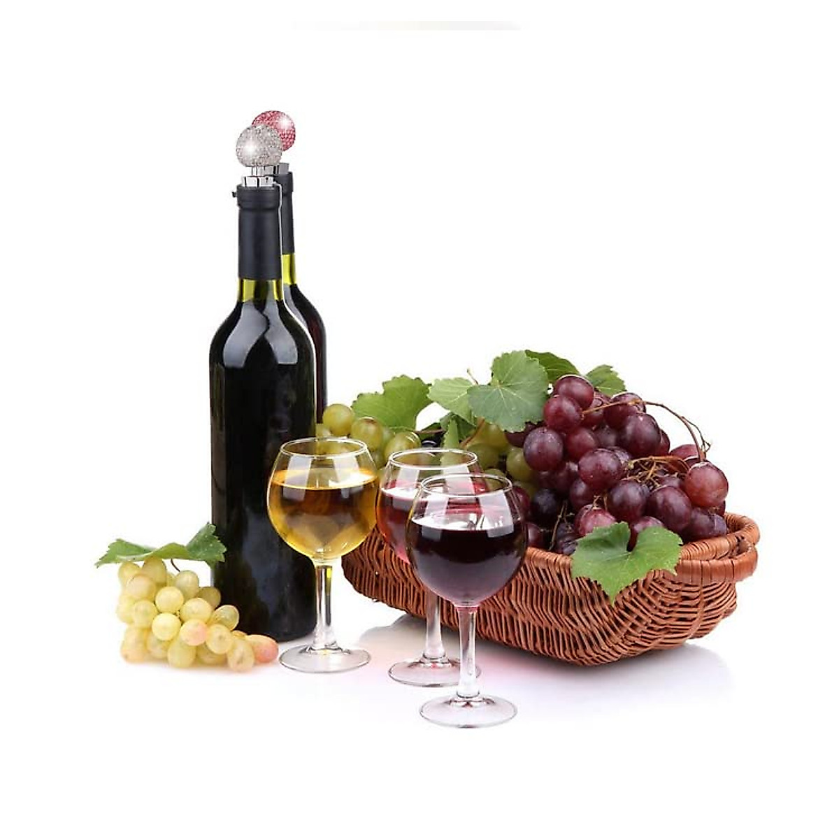 2 pack GSRYPC Bling Bling Decorative Crystal Diamond Wine Stopper ,Zinc Alloy Silicone Crystal Wine Toppers Stopper Wine Set Accessories For Gifts, Bar, Holiday Party, Wedding（Silver+pink)