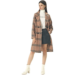 CHARTOU Women's Winter Oversize Lapel Collar Woolen Plaid Double Breasted Long Peacoat Jacket (Large, Camel)